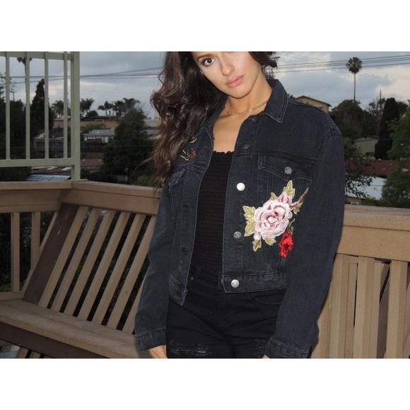 Jackets & Coats | Rose Floral Embroidered Black Jean Jacket | Poshmark